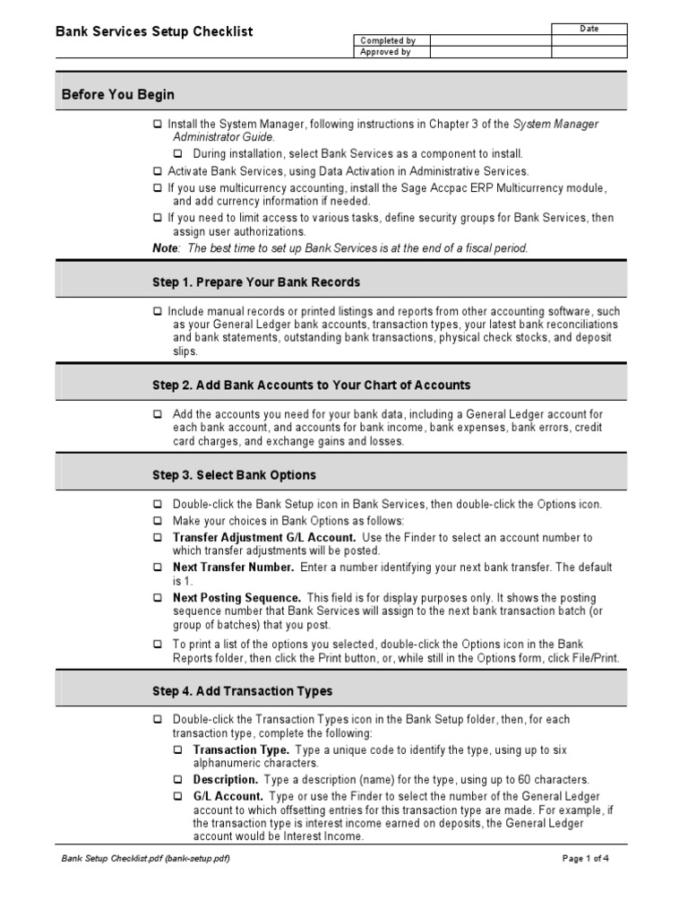 Accpac - Guide - Checklist For Bank Setup PDF | PDF | Cheque | Banks