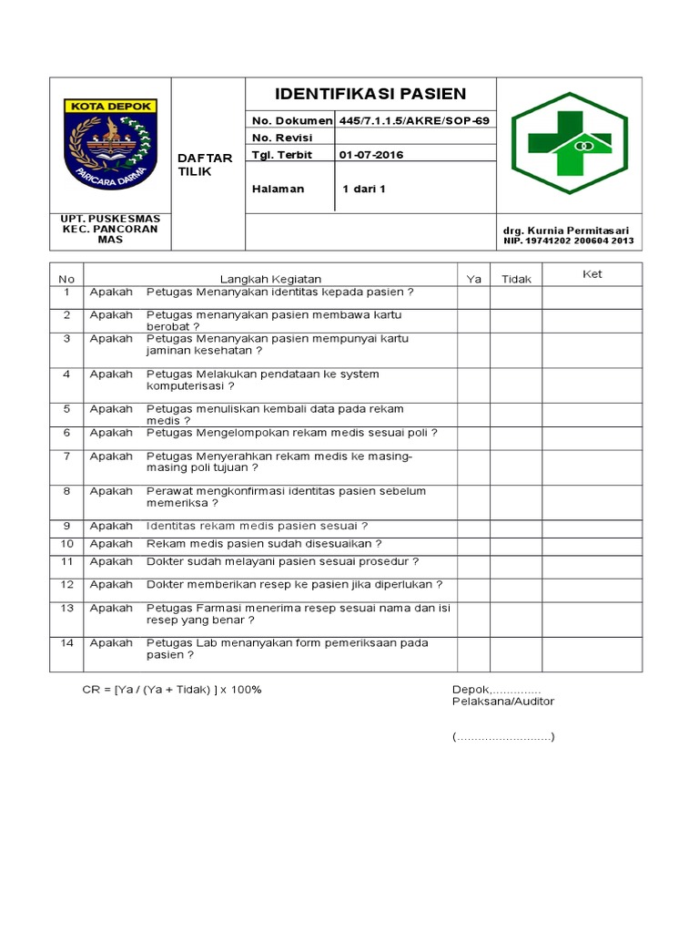 Daftar Tilik Identifikasi Pasien | PDF