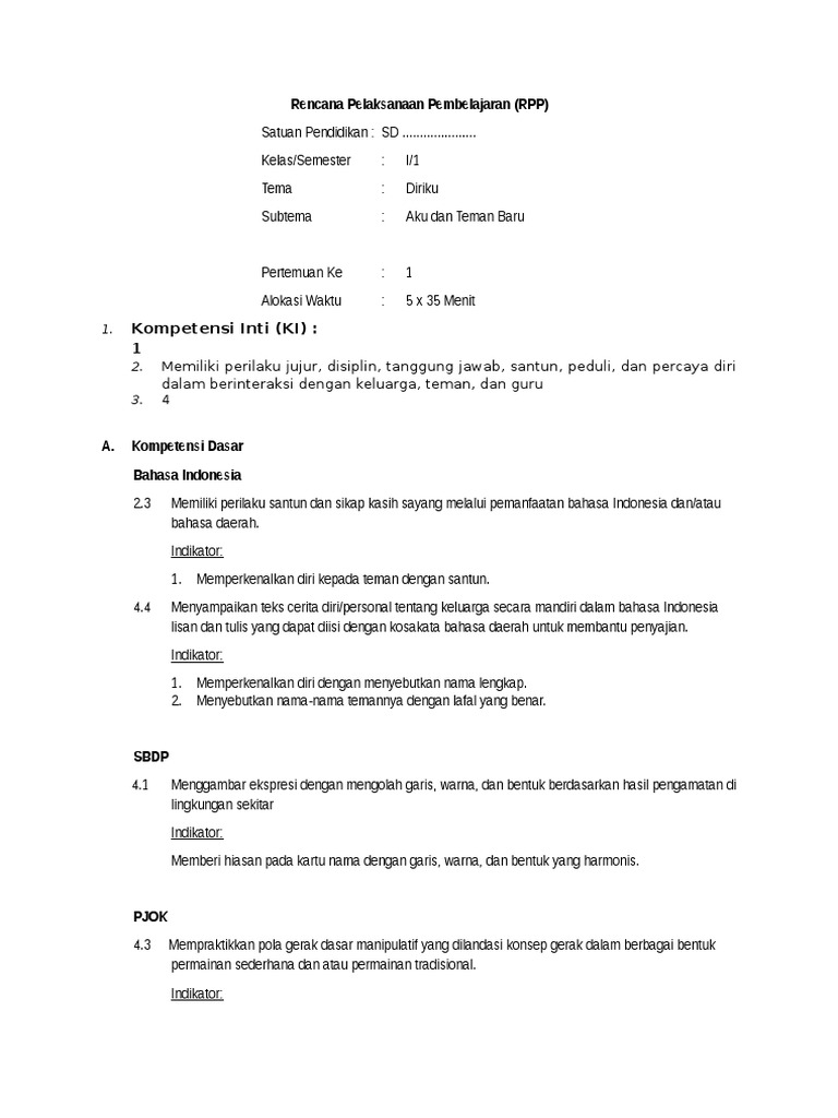 Contoh RPP Kelas 1 (Tematik Terpadu) Saintifik | PDF | Seni & Disiplin ...
