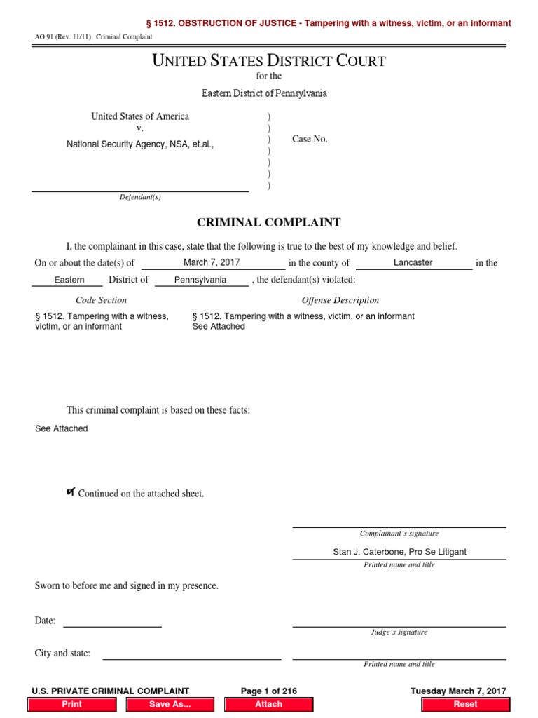 FEDERAL PRIVATE CRIMINAL COMPLAINT - in U.S. EASTERN District of ...