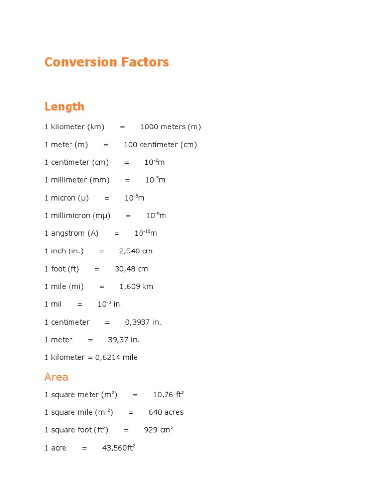 Conversion Factors Chart for Length, Area, Volume, Mass and More | PDF