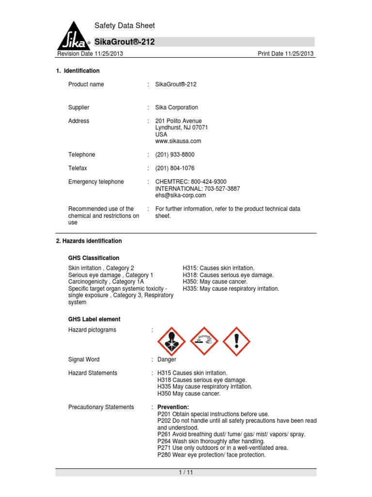Msds CPD Sika Grout 212 Us | PDF | Personal Protective Equipment | Toxicity