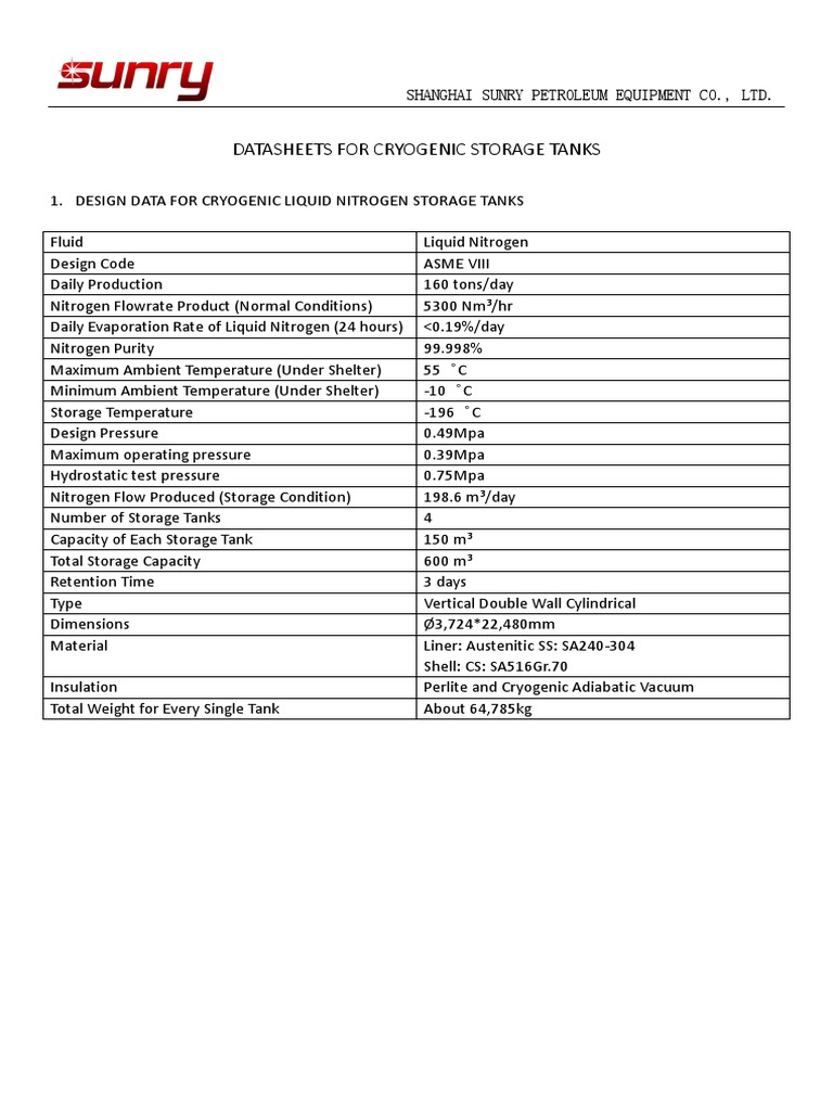 Datasheets for Cryogenic Storage Tanks_rev1 | Cryogenics | Pressure
