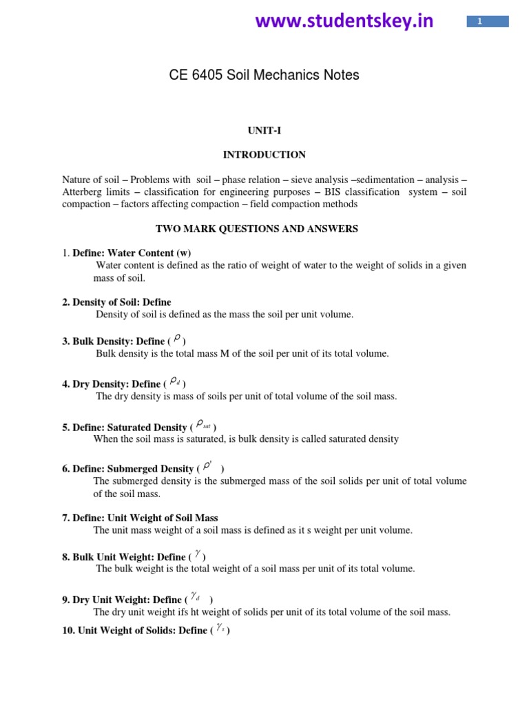 CE6405 Soil Mechanics Notes | Download Free PDF | Soil Mechanics | Soil