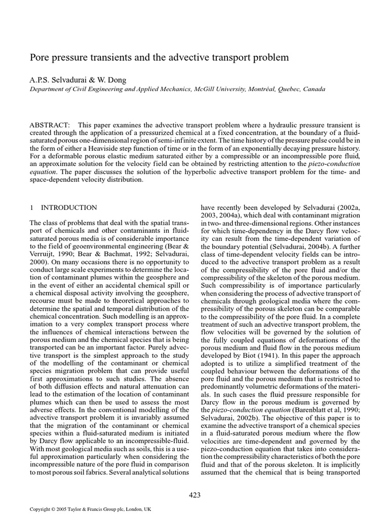 Pore Pressure Transients and The Advective Transport Problem | PDF ...