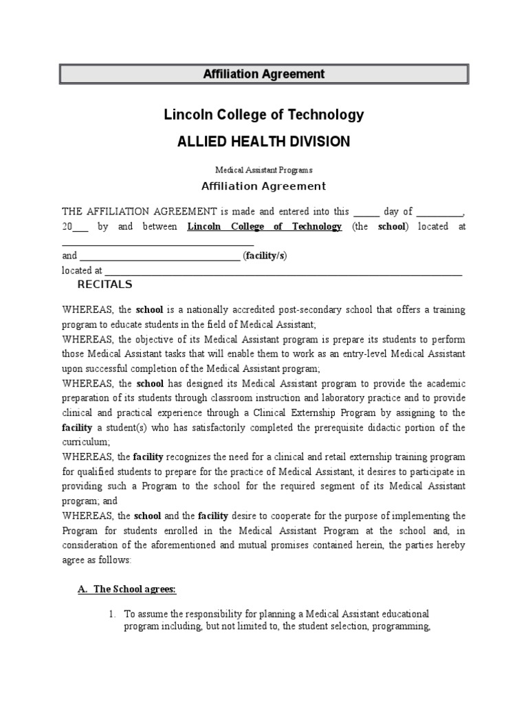 Medical Assistant Program Affiliation Agreement | PDF | Liability ...