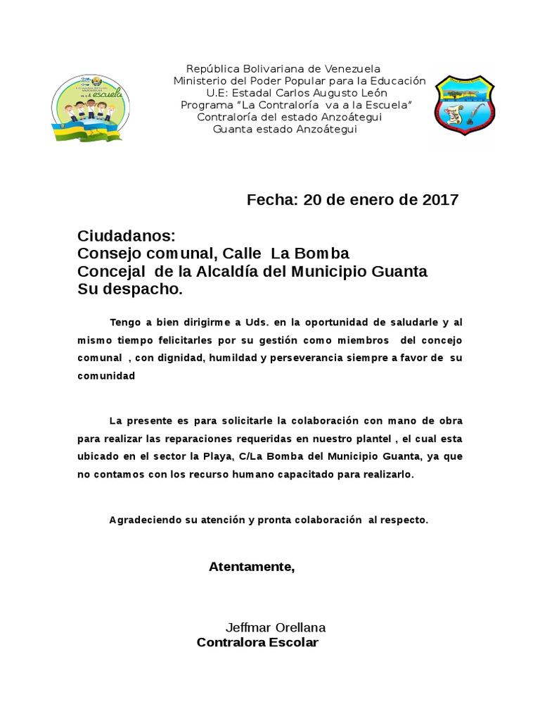 Carlos Augusto Leon Modelo de Oficio Consejo Comunal | Descargar gratis PDF | Venezuela | Gobierno