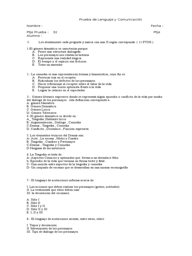 Prueba Genero Dramatico 7 y 8 | PDF | Comedia | Tragedia