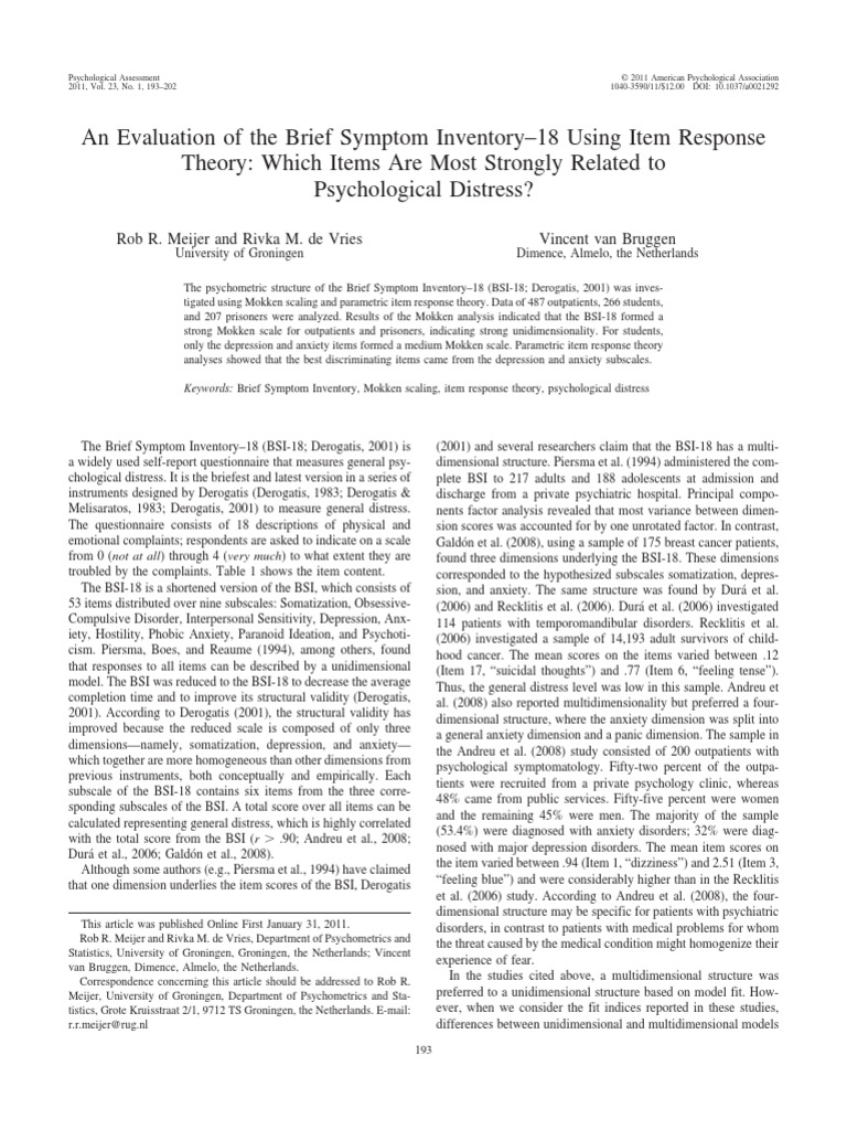 Bsi 18 | PDF | Psychology | Behavioural Sciences