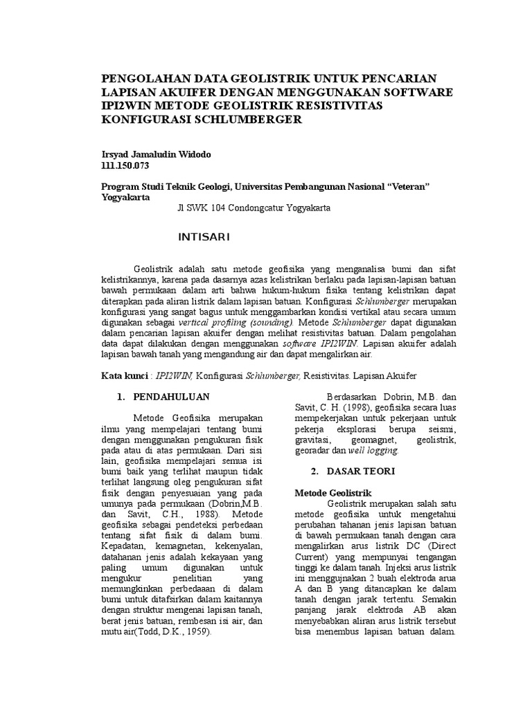 Pengolahan Data Geolistrik Untuk Pencarian Lapisan Akuifer Dengan Menggunakan Software Ipi2win ...