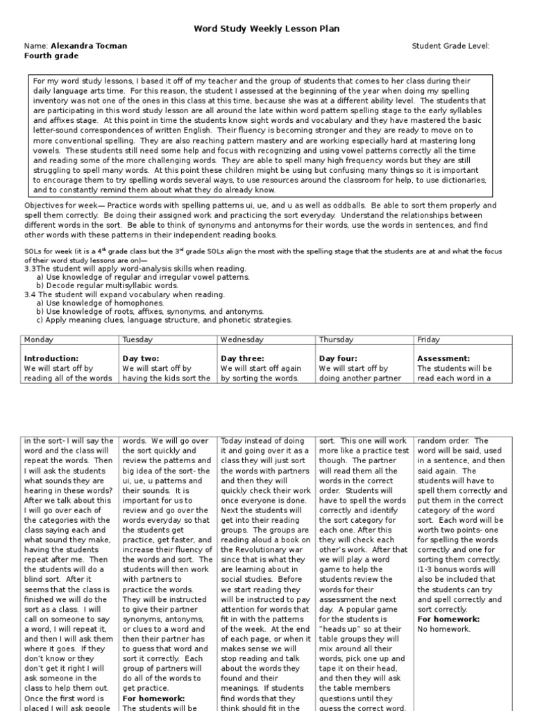 Word Study Weekly Lesson Plan: Fourth Grade | PDF | Spelling | Reading ...