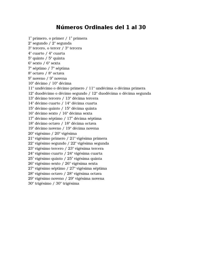 Números Ordinales Del 1 Al 30 | PDF