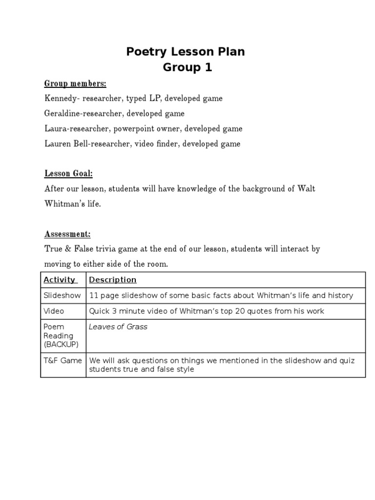 Walt Whitman Poetry Lesson Plan | PDF
