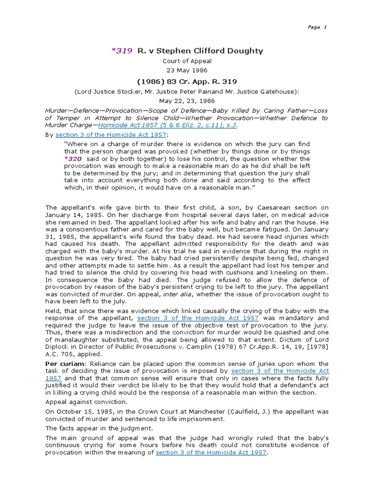 R V Doughty (1986) | PDF | Reasonable Person | Murder