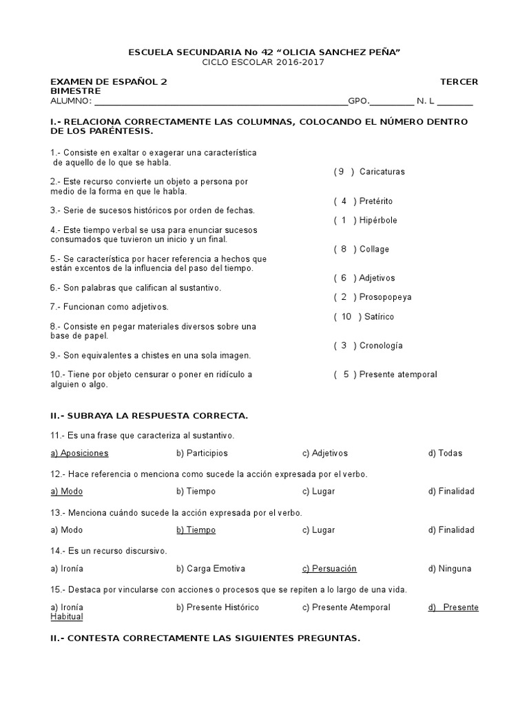 Examen Español 3er Bimestre (Segundo Grado) - CONTESTADO | PDF | Verbo ...