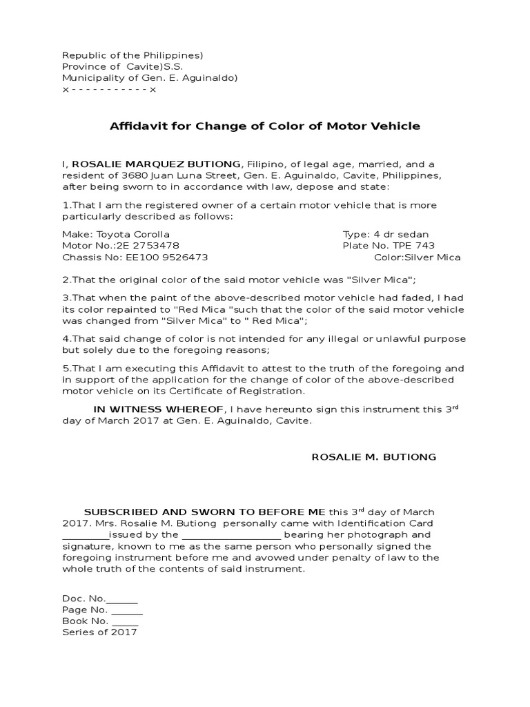 Affidavit for Motor Vehicle Color Change | PDF | Law
