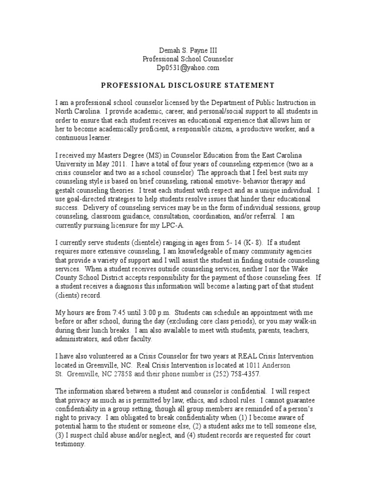 Disclosure Statement | PDF | School Counselor | Psychotherapy