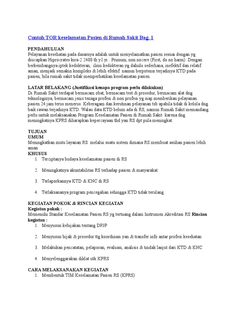Contoh TOR Keselamatan Pasien Di Rumah Sakit | PDF