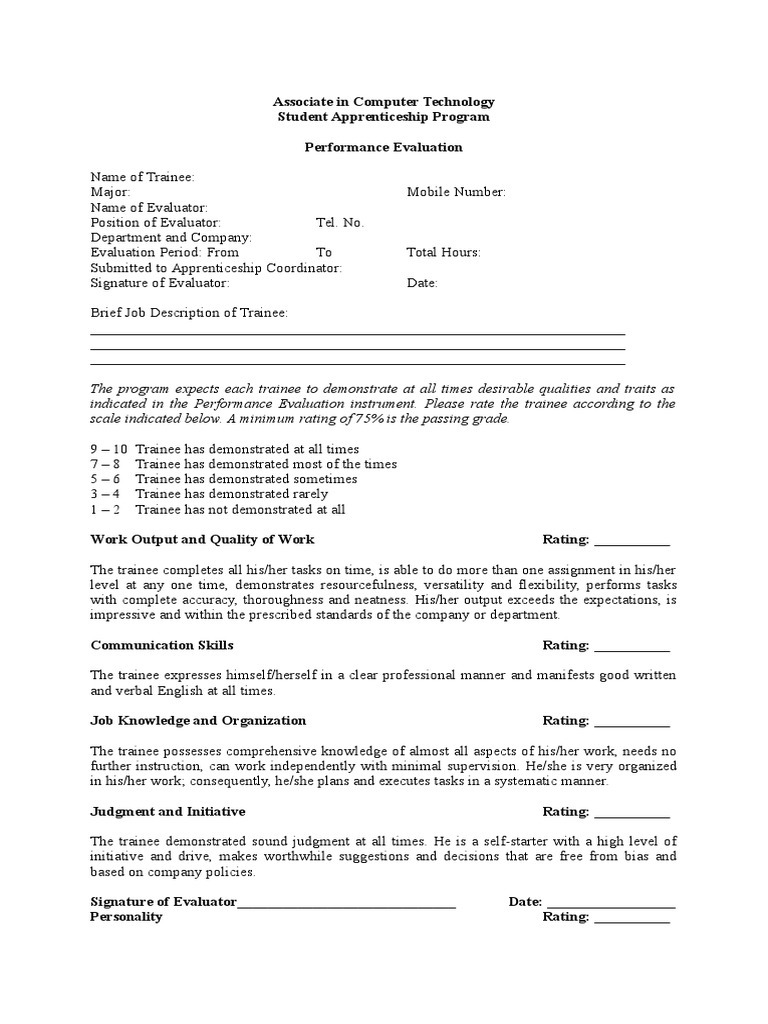 Performance Evaluation Form Performance Appraisal Apprenticeship