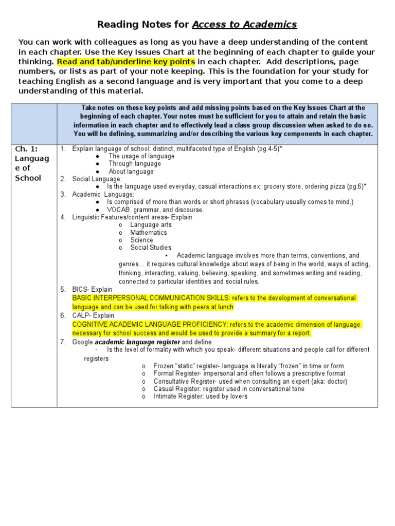 Reading Notes For Access To Academics | PDF | Educational Assessment ...