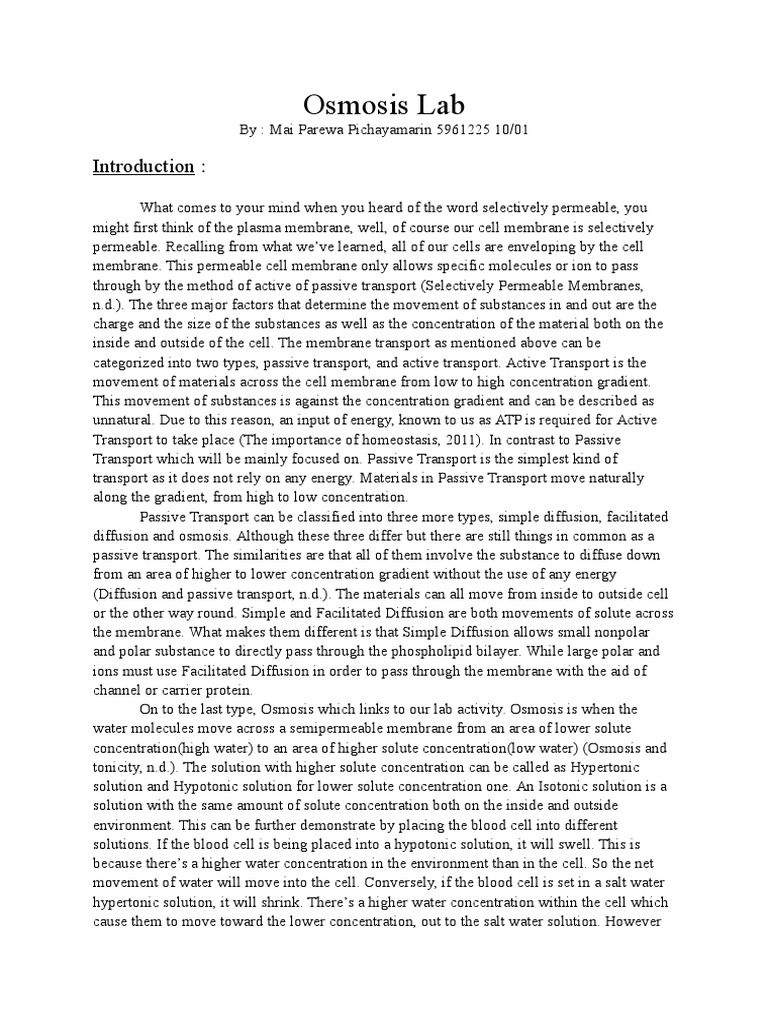 Bio Lab Intro | PDF | Osmosis | Cell Membrane
