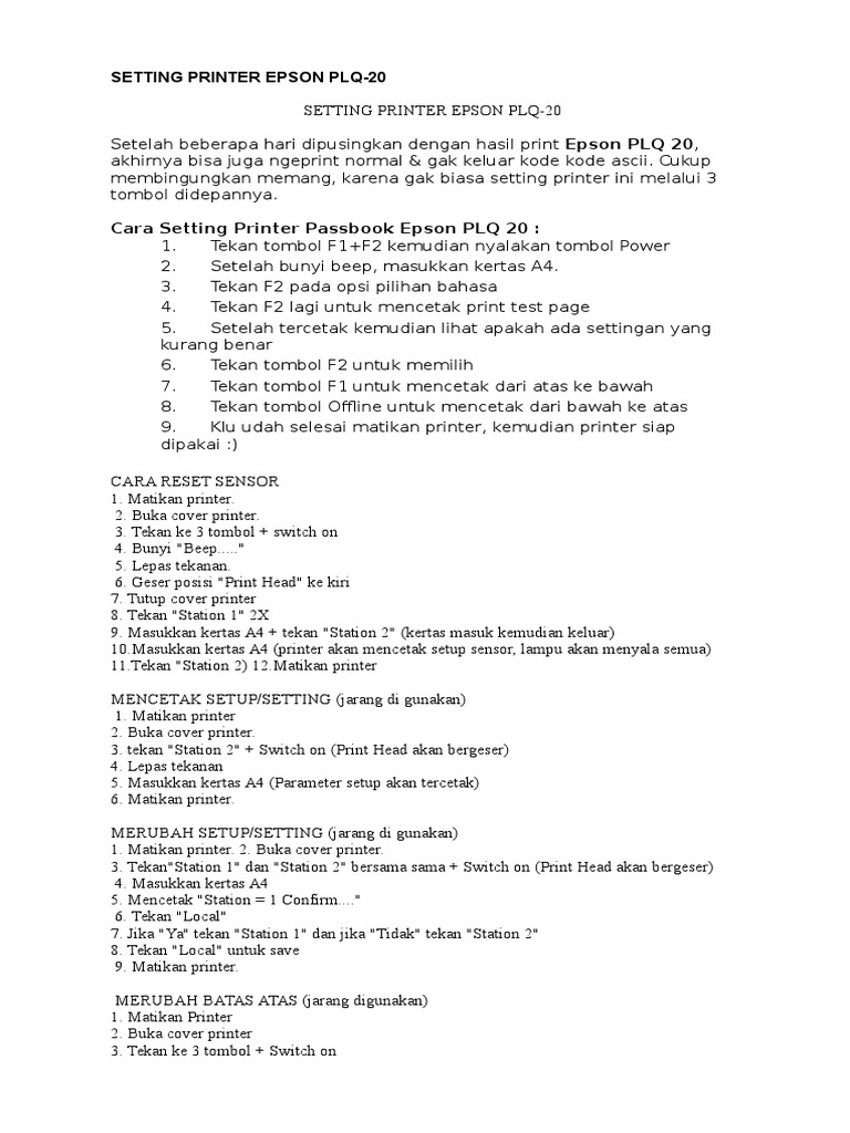 Panduan Setting Epson PLQ-20 | PDF
