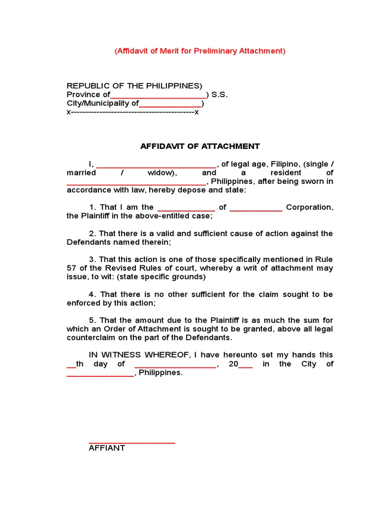 Affidavit for Preliminary Attachment | PDF