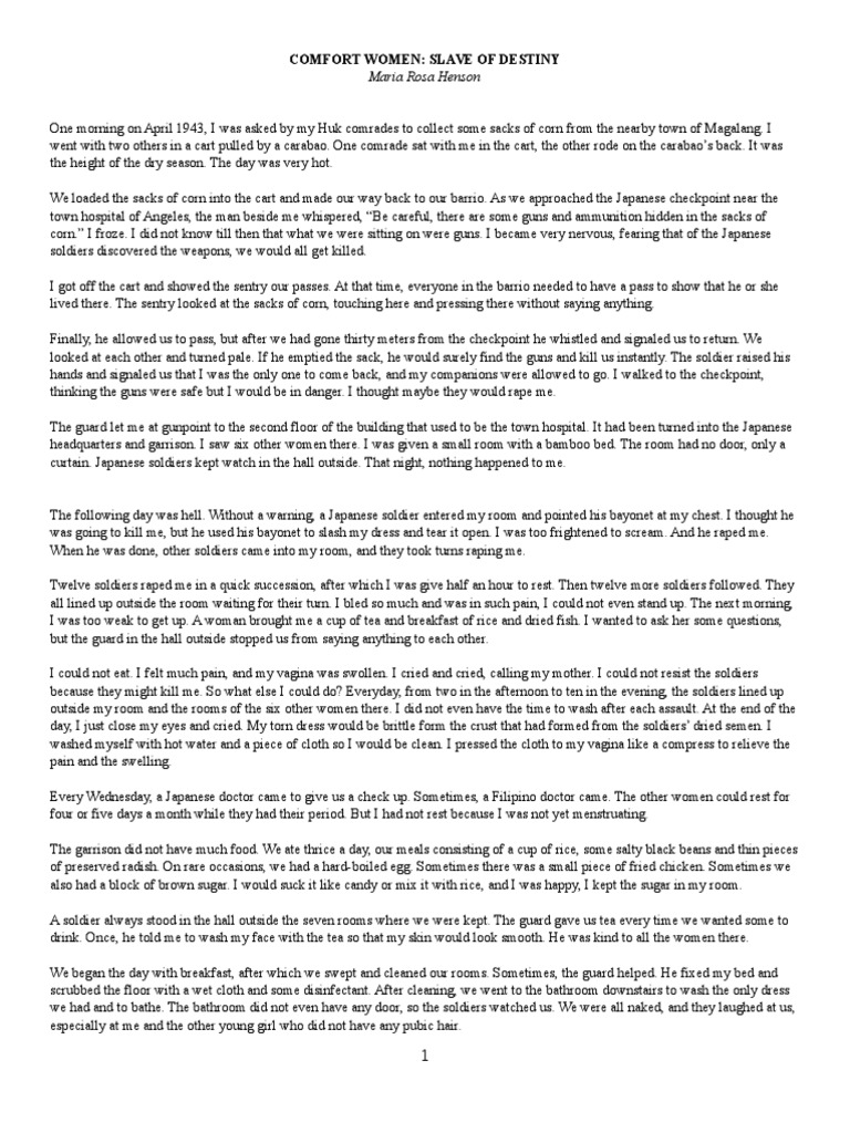 Comfort Women: Slave of Destiny: Maria Rosa Henson | PDF | Rape | Violence