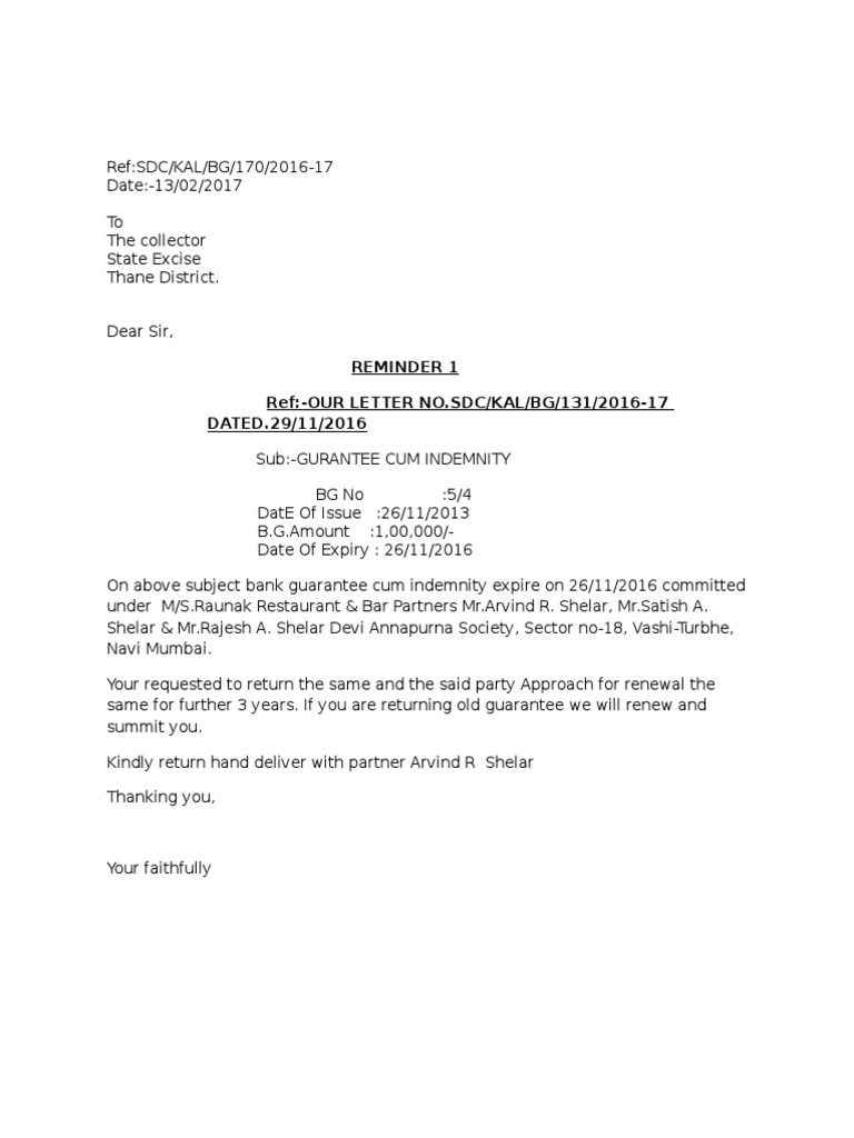 BG Reminder Letter to Collector Excise Thane | PDF