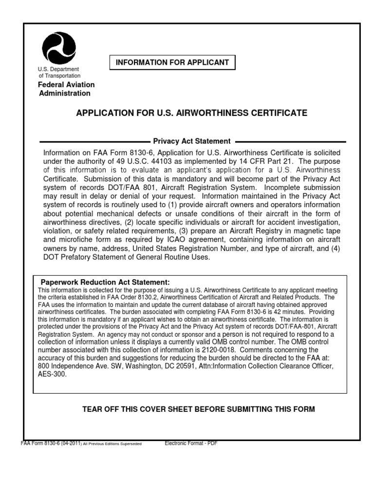 Faa Form 8130-6 | PDF | Federal Aviation Administration | Aviation