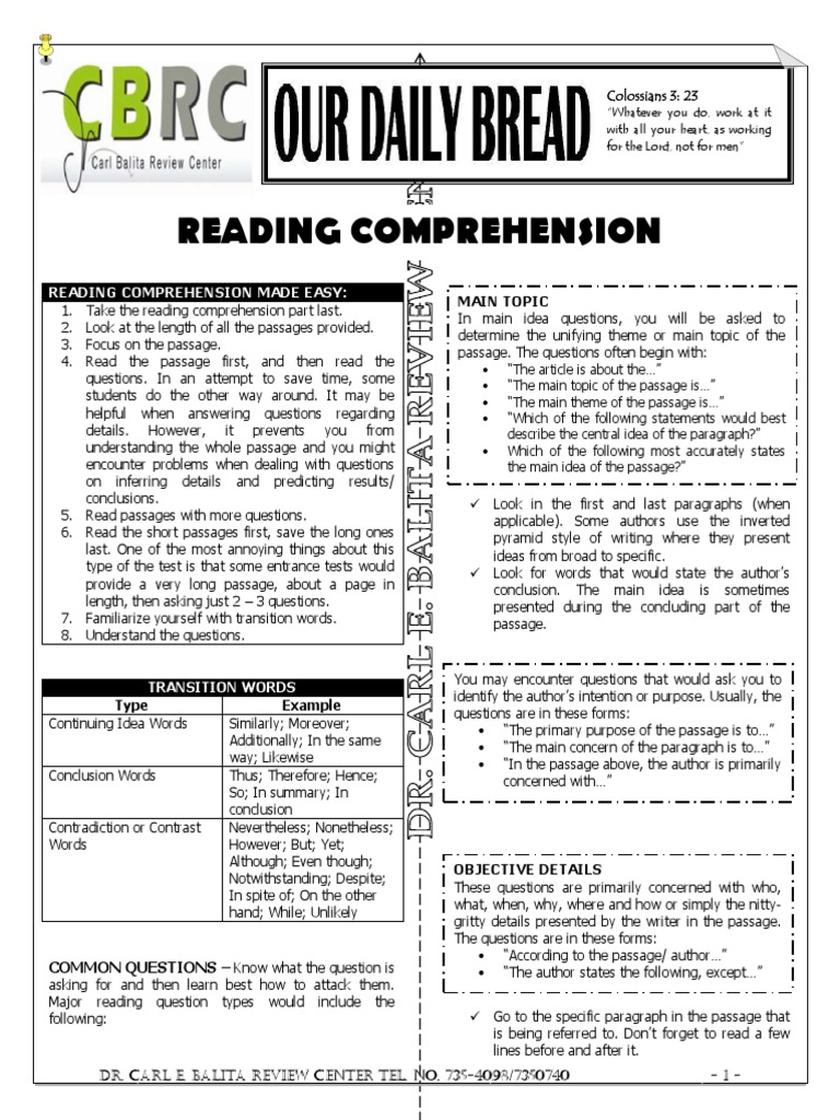 Daily Bread - Reading Comprehension PDF | PDF | Reading Comprehension ...