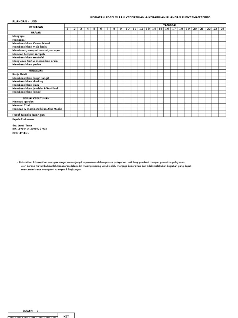 JADWAL KEBERSIHAN RUANGAN