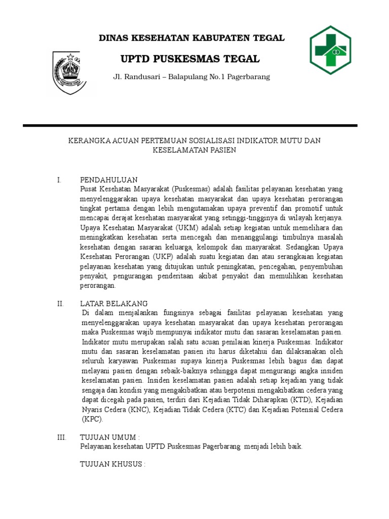 KAK Sosialisasi Indikator Mutu Dan Keselamatan Pasien | PDF