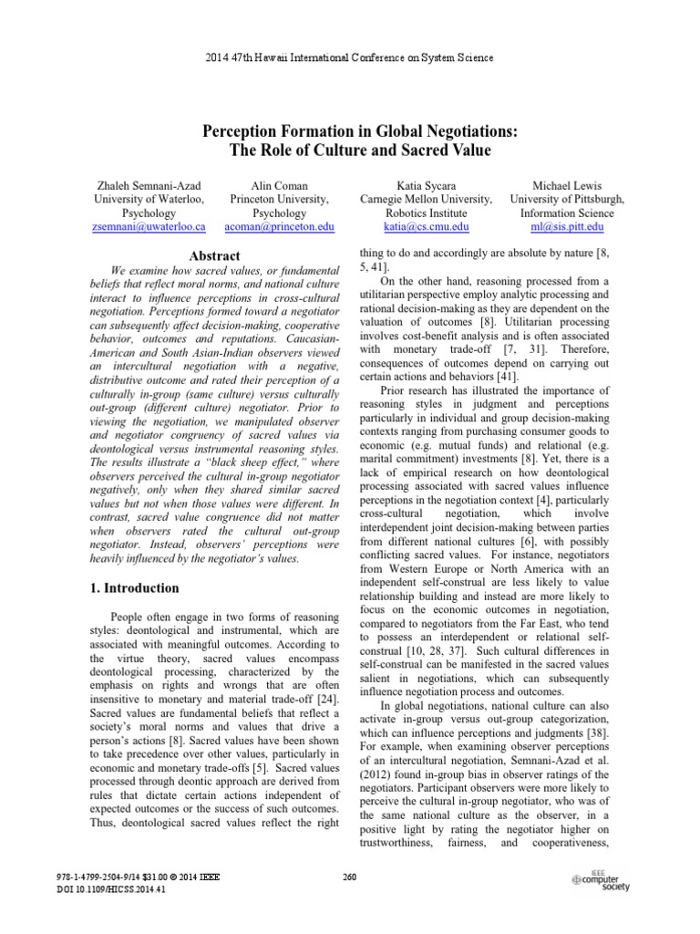 Perception Formation in Global Negotiations: The Role of Culture and Sacred Value | PDF ...