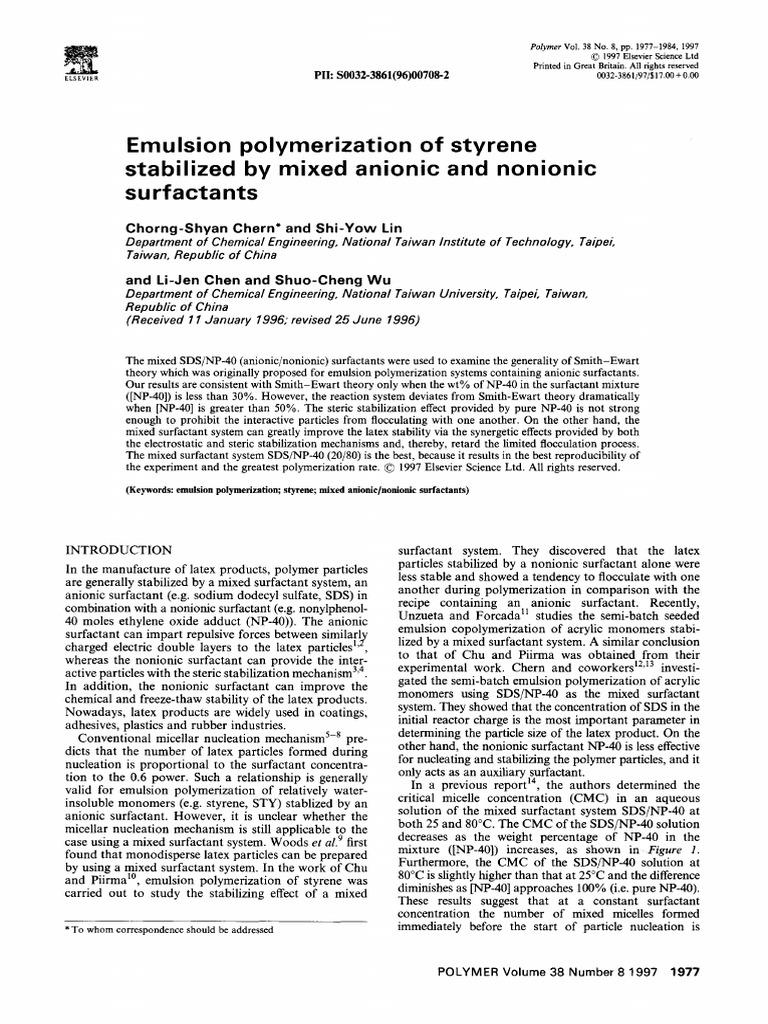 Emulsion Polymerization of Styrene Stabilized by Mixed Anionic and ...