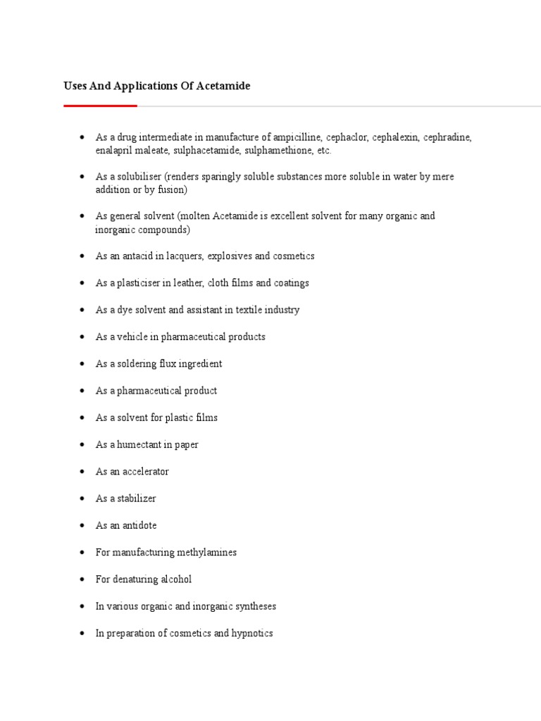 Uses and Applications of Acetamide | PDF | Science & Mathematics