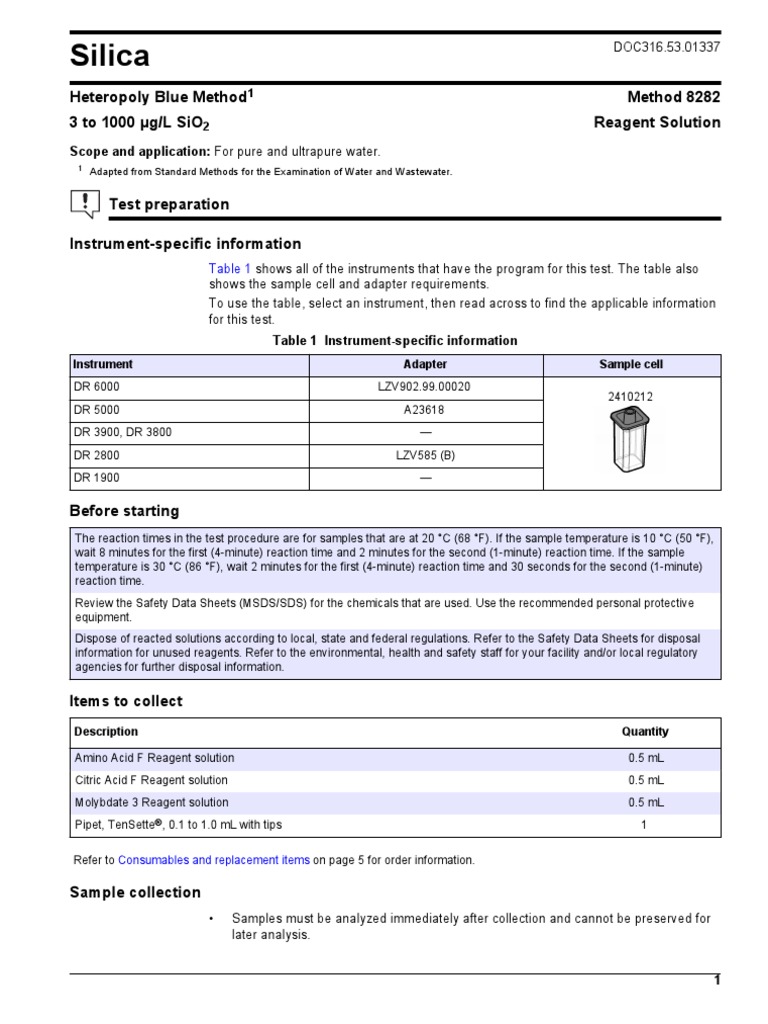 Silica: Heteropoly Blue Method Method 8282 3 To 1000 Μg/L Sio Reagent ...