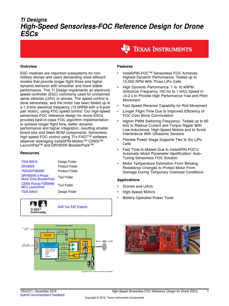 High-Speed Sensorless-FOC Reference Design For Drone Escs: TI Designs ...