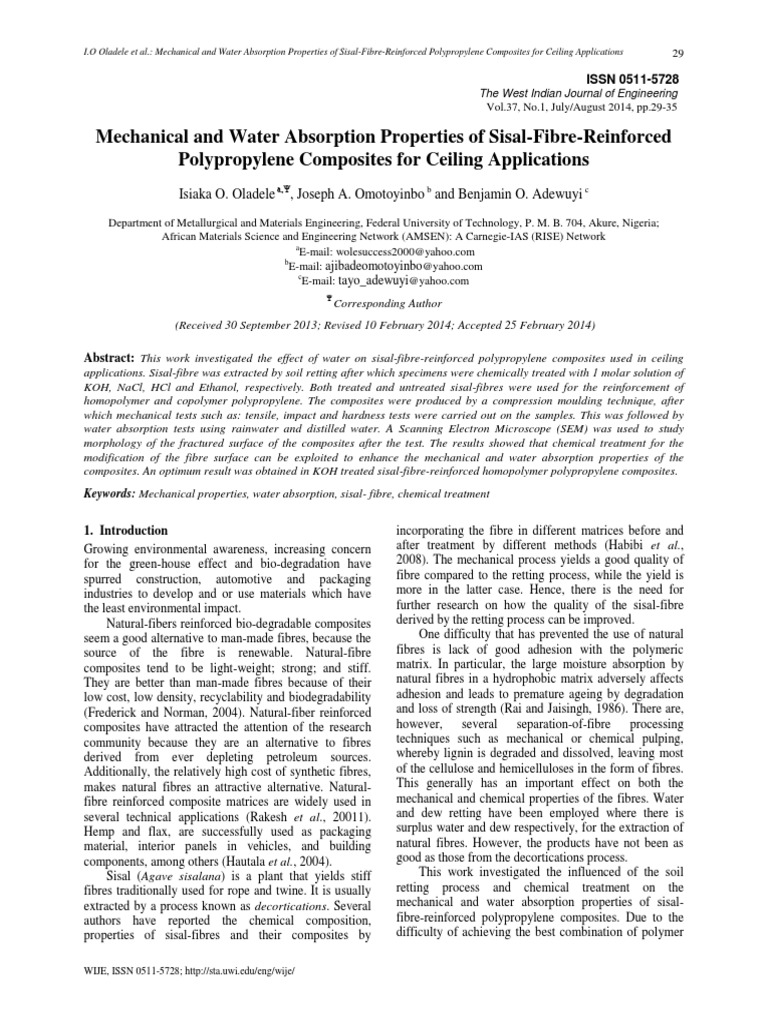 Mechanical and Water Absorption Properties of Sisal-Fibre-Reinforced ...