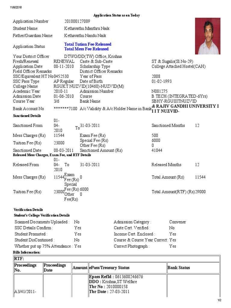 Total Tution Fee Released Total Mess Fee Released: Application Status ...