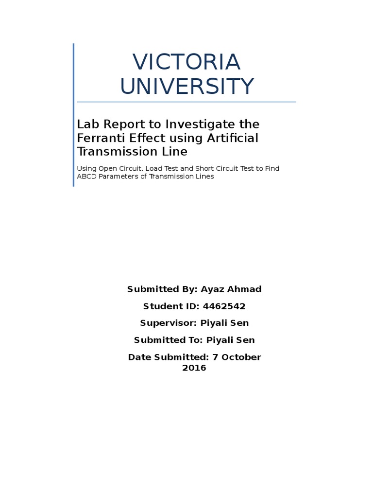 Victoria University: Lab Report To Investigate The Ferranti Effect ...