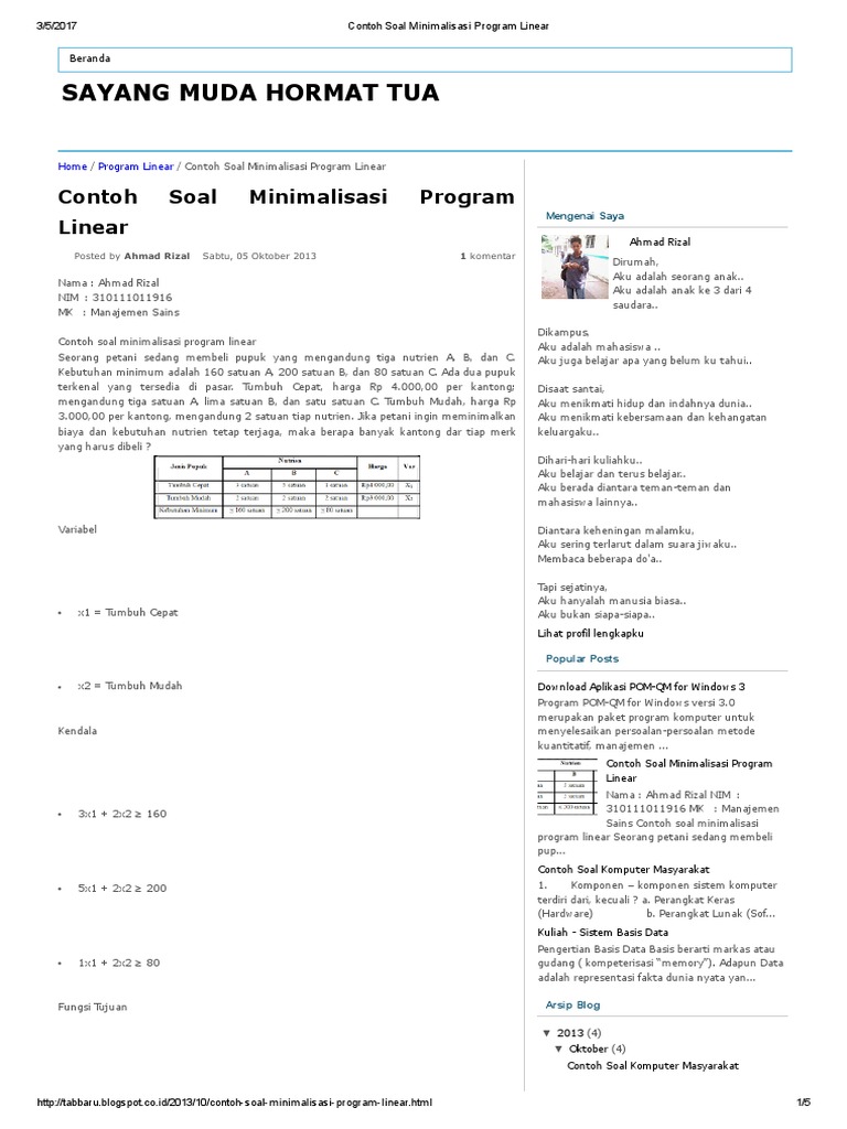 Contoh Soal Minimalisasi Program Linear | PDF