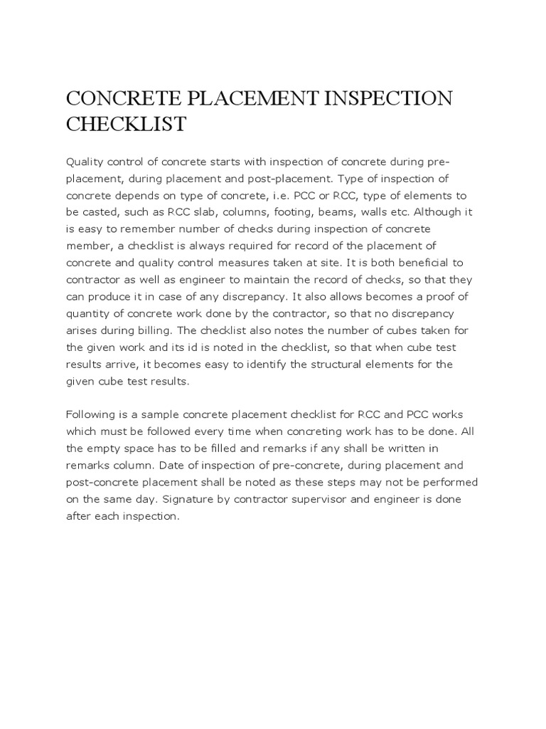 Concrete Placement Inspection Checklist | PDF