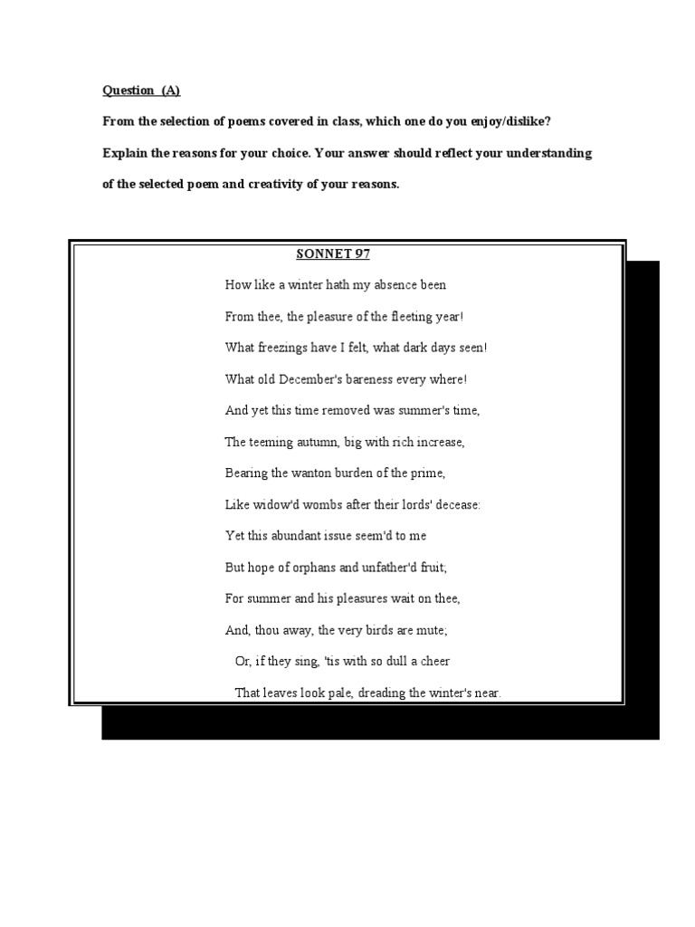 Sonnet 97 Essay | PDF | Poetry | Poems