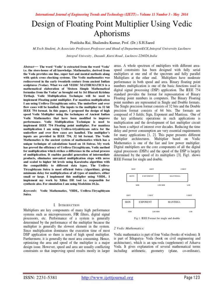 Design of Floating Point Multiplier Using Vedic Aphorisms: Pratiksha Rai, Shailendra Kumar, Prof ...