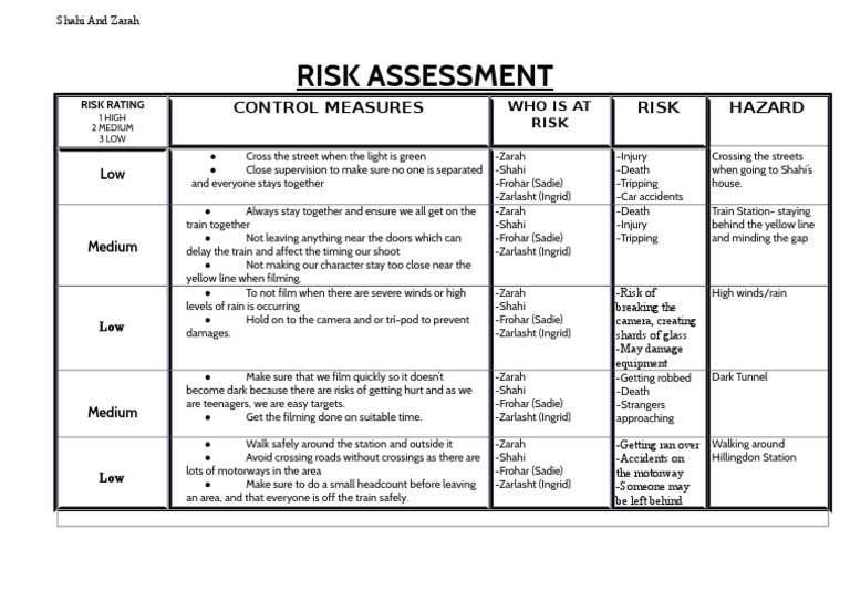Classroom Risk Assessment Examples | PDF