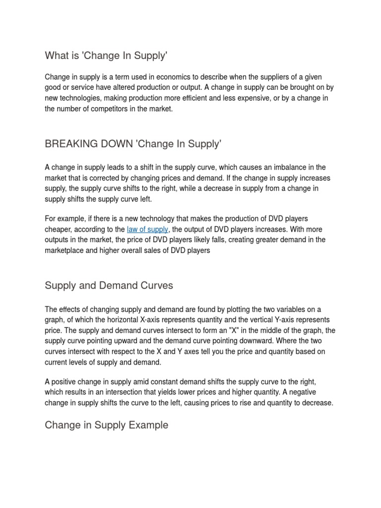 Change in Supply | PDF | Supply (Economics) | Supply And Demand