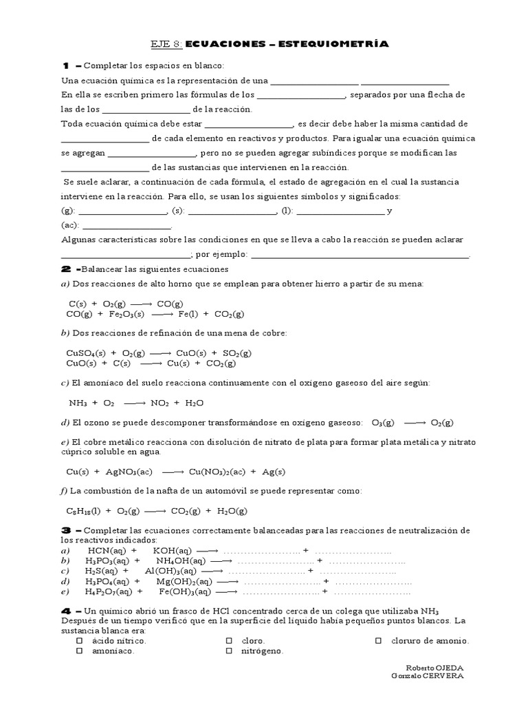 EJE 8 - Ecuaciones, Estequio | PDF | Reacciones químicas | Ácido clorhídrico