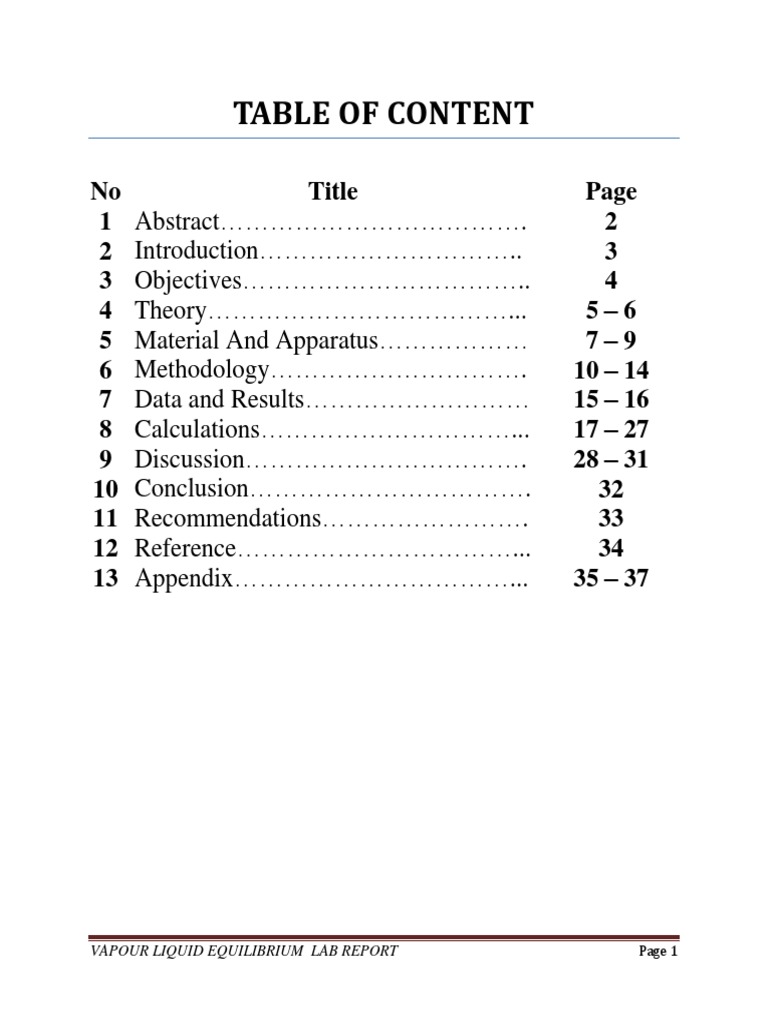 Table of Content: Vapour Liquid Equilibrium Lab Report | PDF | Gases ...
