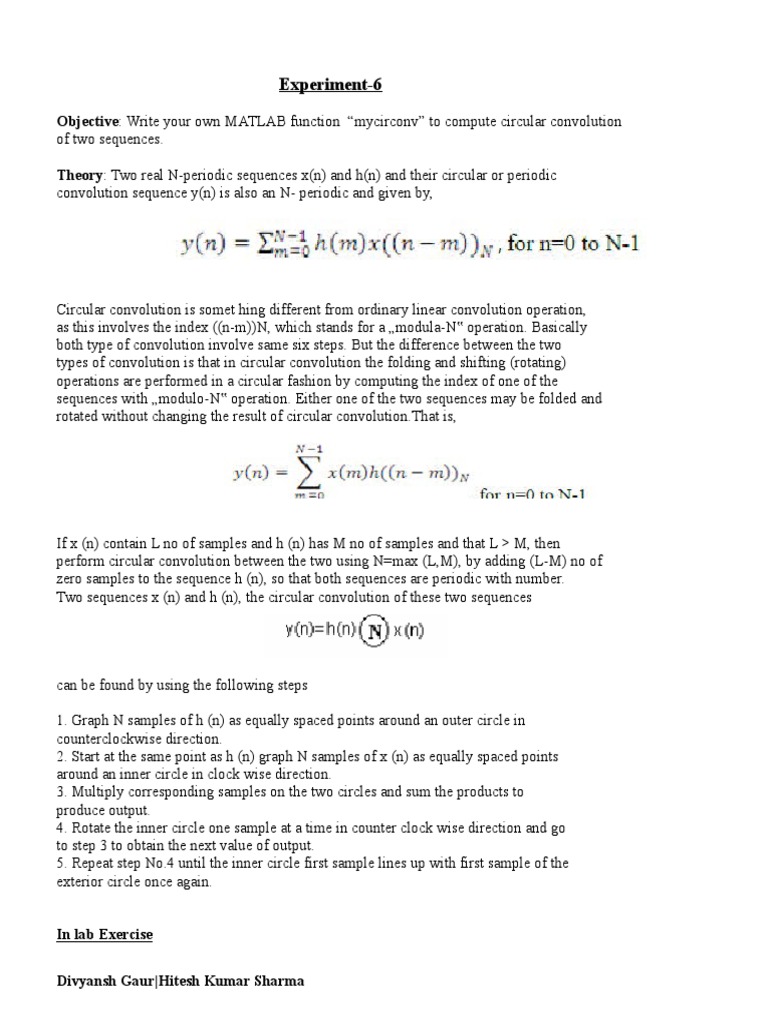 Experiment-6: Objective: Write Your Own MATLAB Function "Mycirconv" To Compute Circular ...